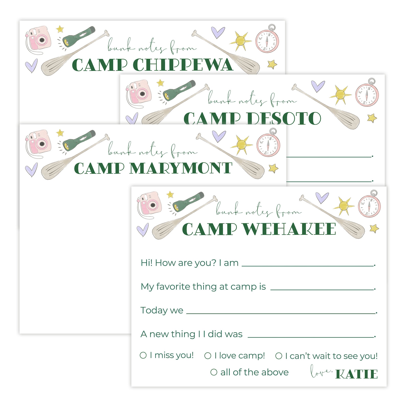 Girls Camp Note Cards Set | Camp Stationery | Custom Camp Stationery ...