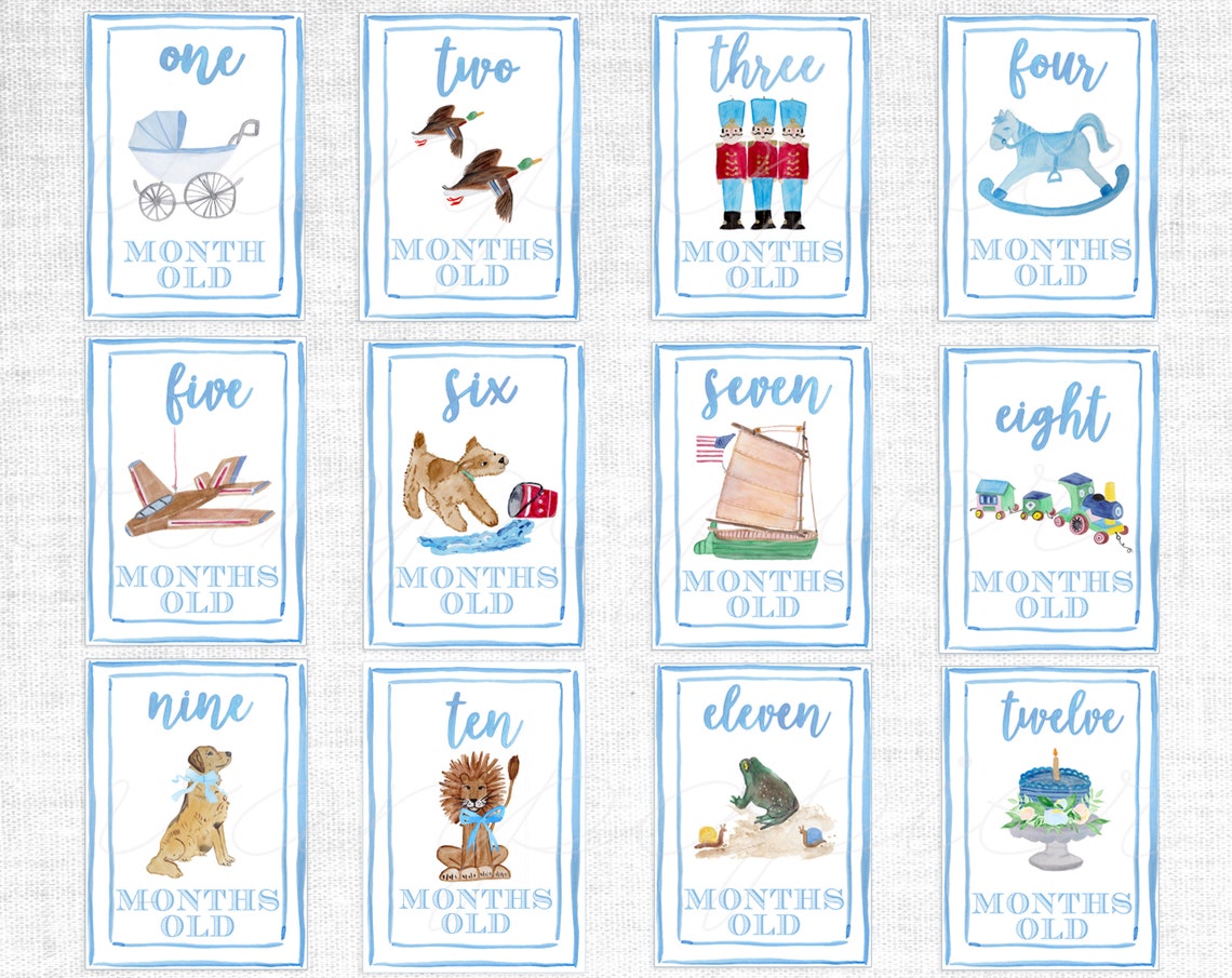 Boy Watercolor Milestone Cards Blue Border Month Milestone | Etsy