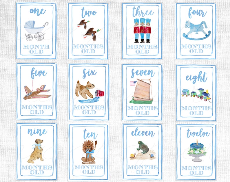 Boy Watercolor Milestone Cards Blue Border Month Milestone - Etsy