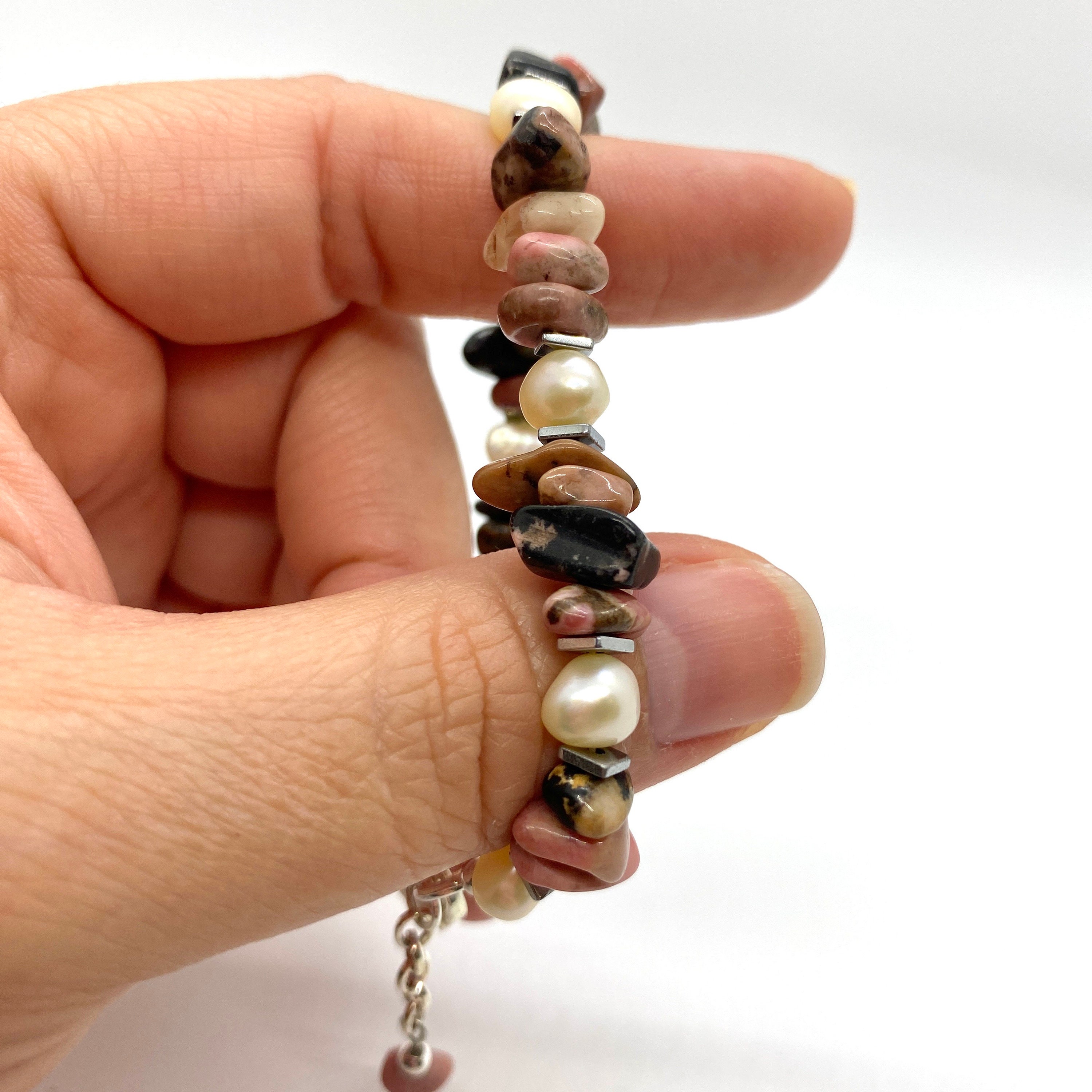 Freshwater Pearl and Rhodonite Chip Beaded Bracelet - Etsy