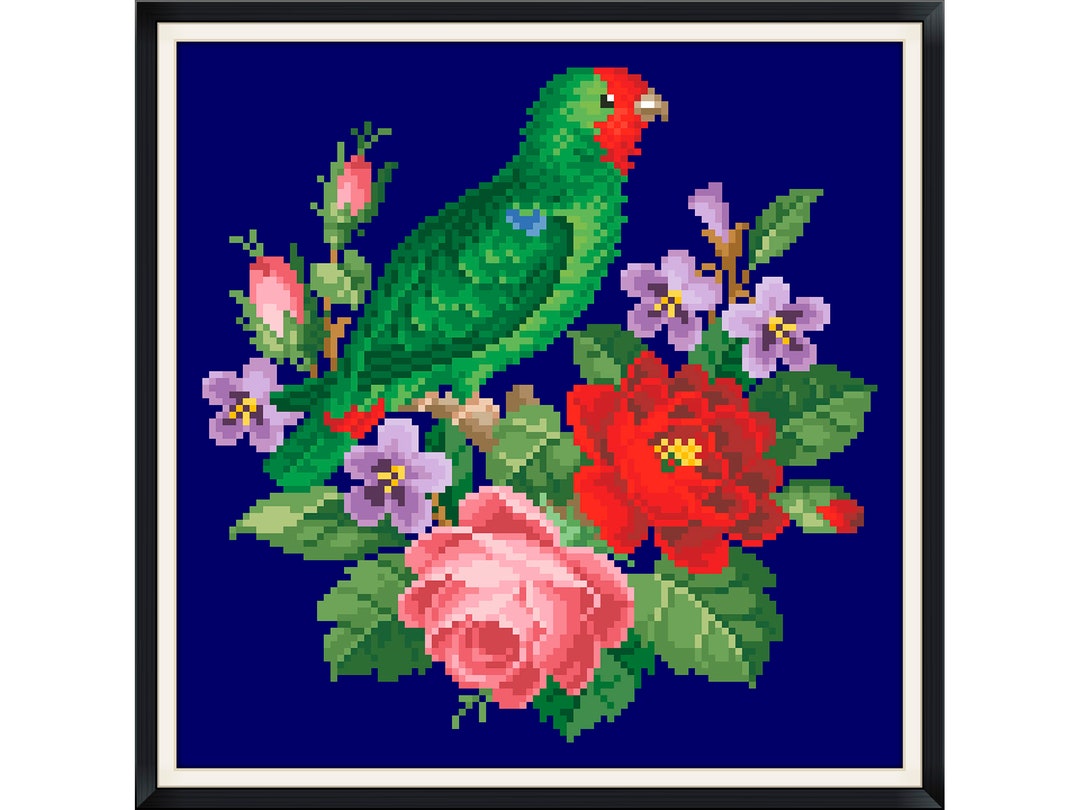 Parrot & Flowers Cross Stitch Pattern: Vintage Bird Embroidery (digital ...