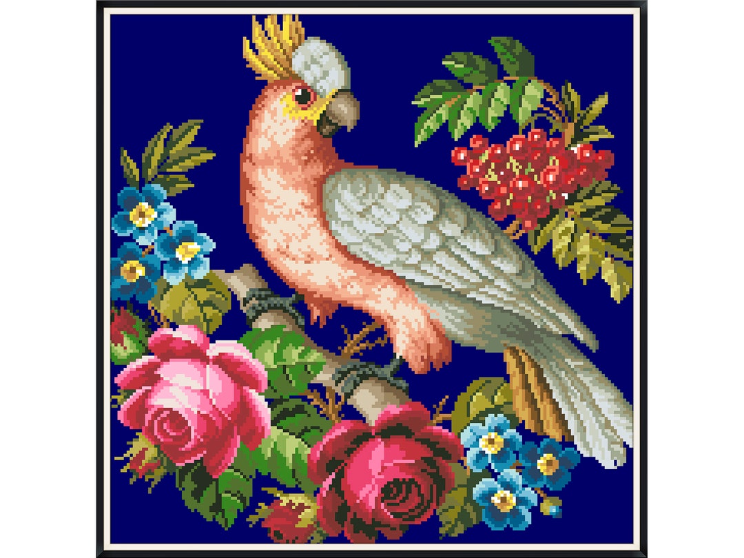 Parrot & Flowers Cross Stitch Pattern: Berlin Woolwork Embroidery ...