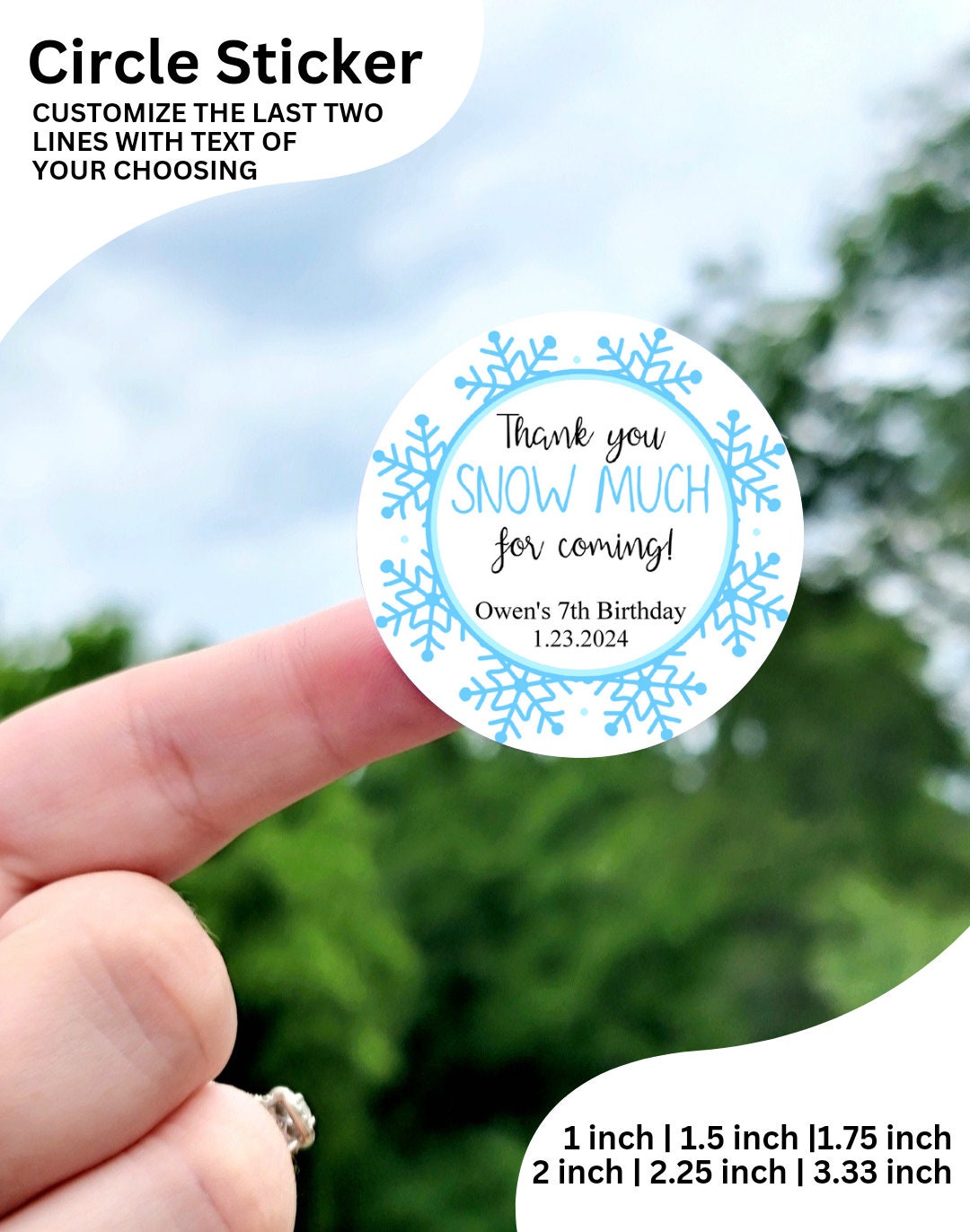 Blue Thank You Snow Much Stickers - Custom Winter Birthday Party ...
