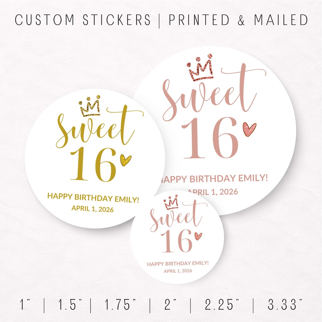 Personalized Sweet 16 Stickers – Crown Design, Birthday Party Favors - Etsy