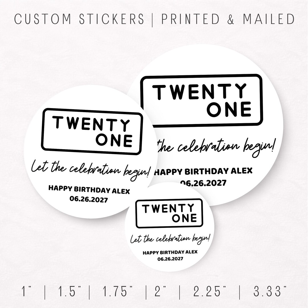 21st Birthday Stickers – Modern Twenty One Party Favor Labels, Minimal ...