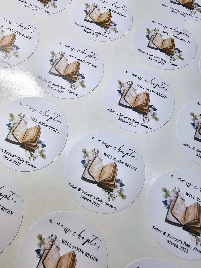 New Chapter Baby Shower Stickers - Custom Storybook Baby Shower Labels ...