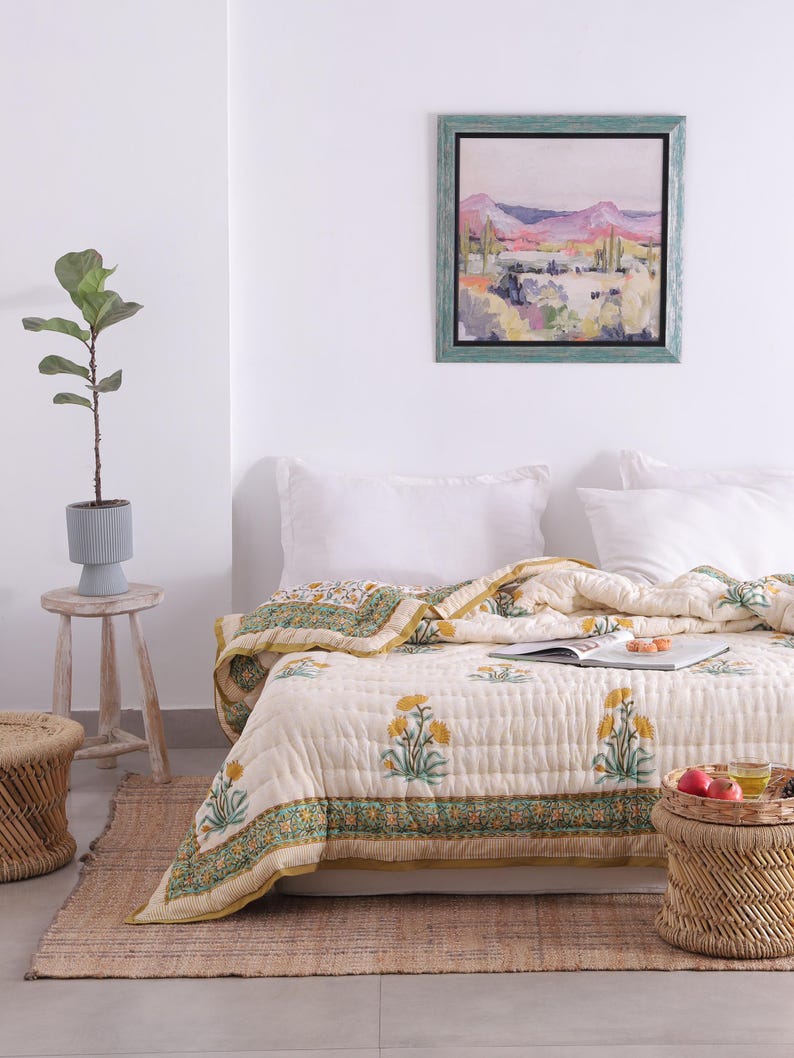 Hand Block Print Cotton Quilt, Reversible Mughal Floral Bedspread ...