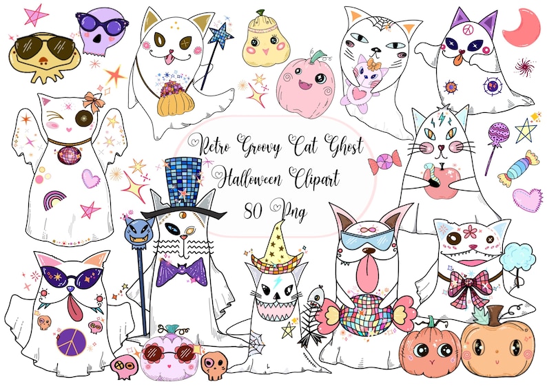 Retro Groovy Cat Ghost Halloween Clipart (PNG) - Etsy