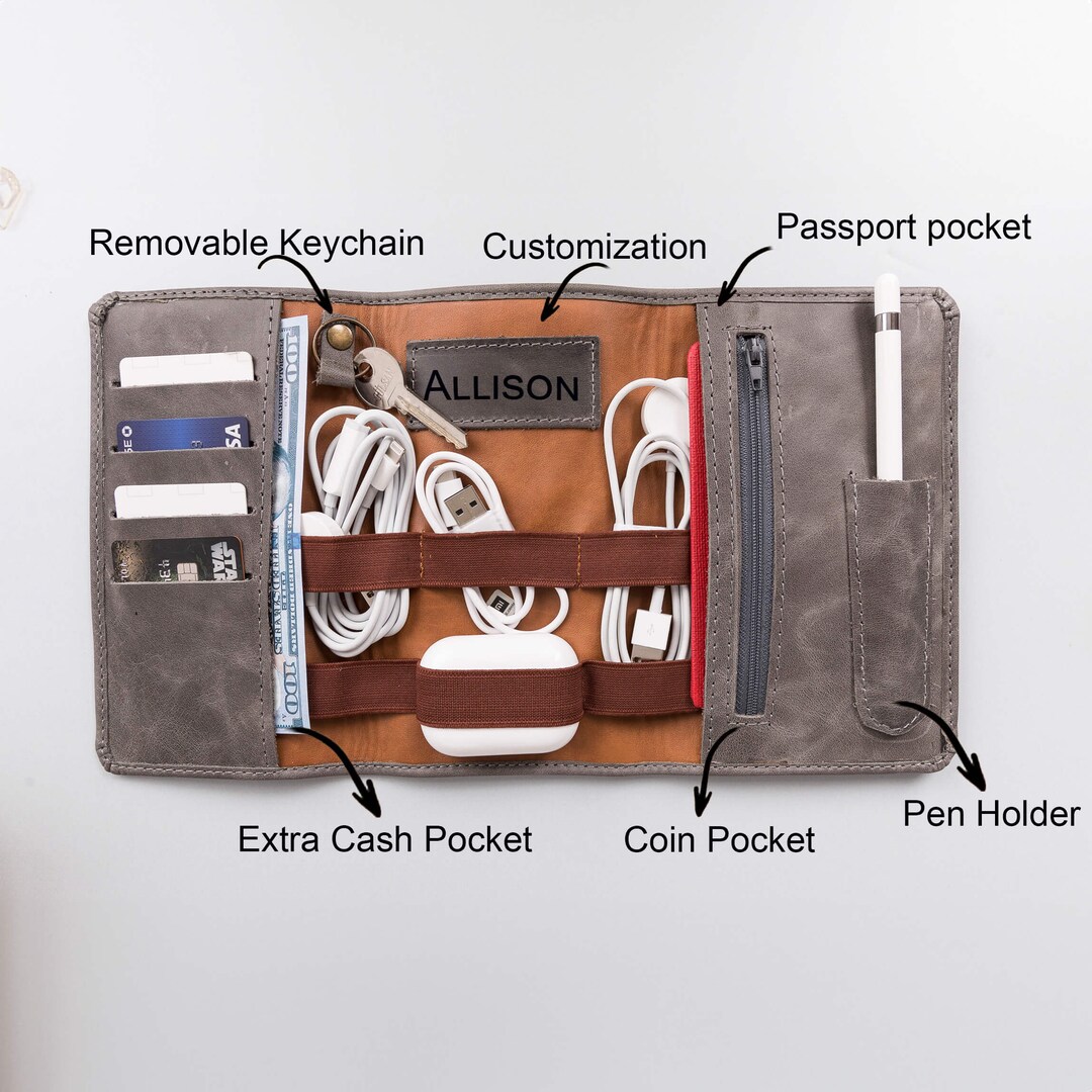 Leather Cable and Charger Organizer Bag, Handmade Cord Organizer ...