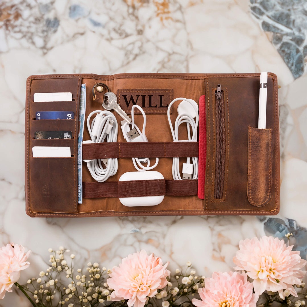 Personalized Leather Tech Travel Organizer Fathers Day Gifts, Cable ...