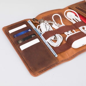 Handmade Leather Charger and Cable Organizer Bag, Cord Organizer ...