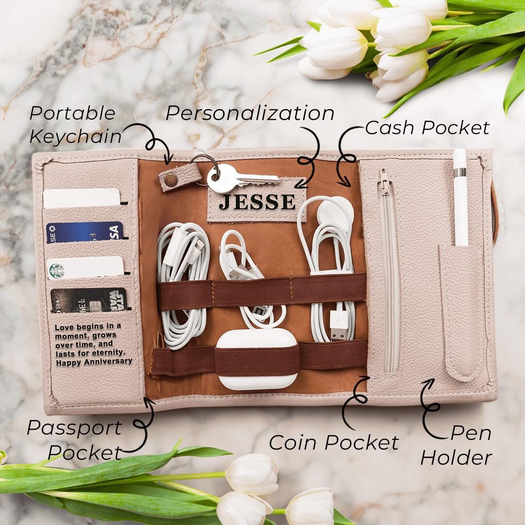 Travel Accessories Leather Organizer, Custom Cable Organizer Travel ...