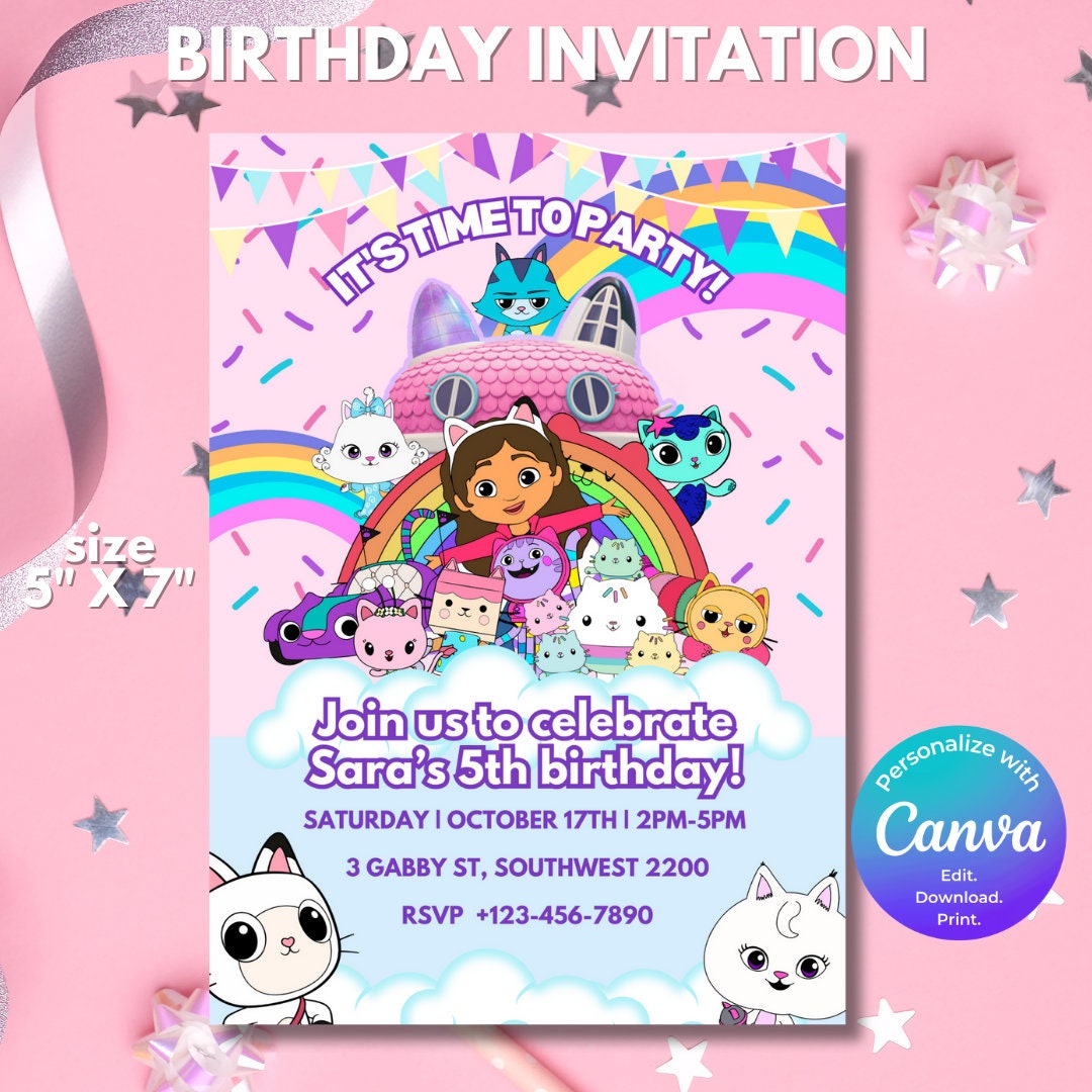 EDITABLE Gabby Birthday Invite Gabby Theme Invitation Card - Etsy