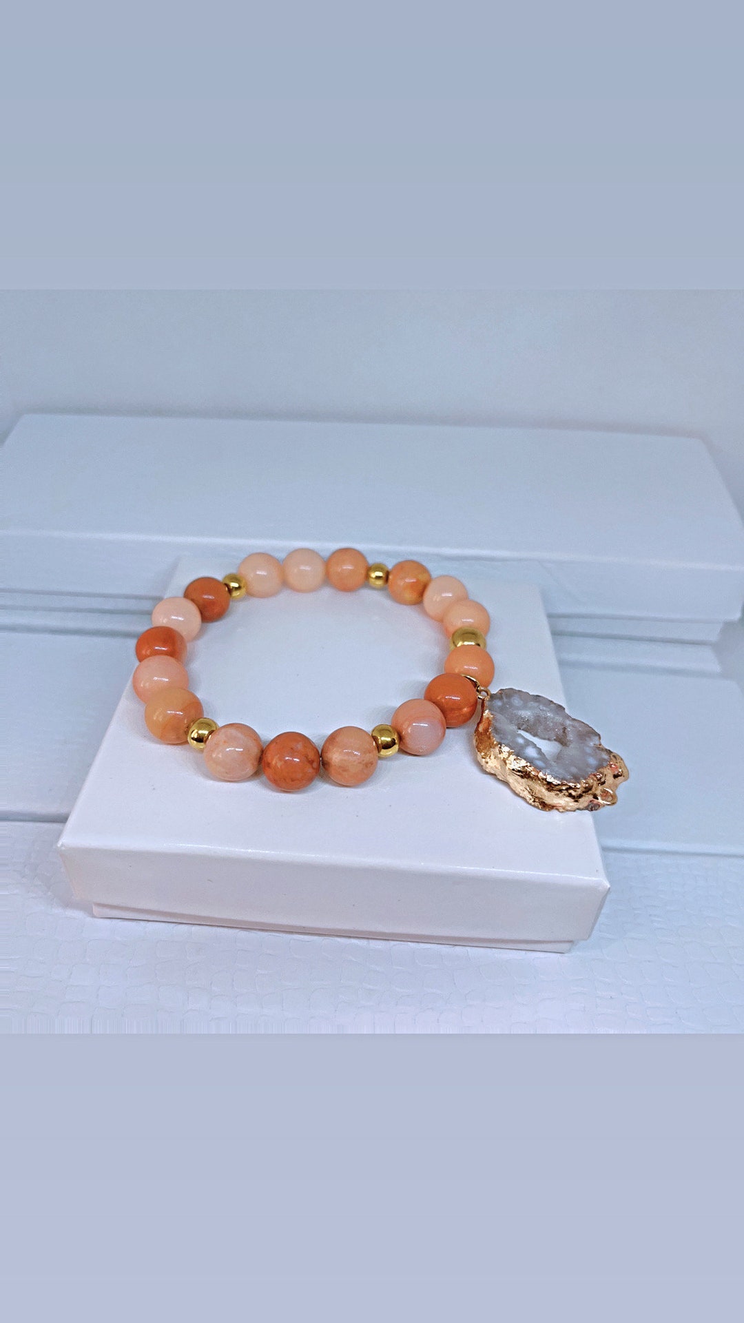 Handmade Sunstone Beaded Bracelet With Agate Charm - Etsy