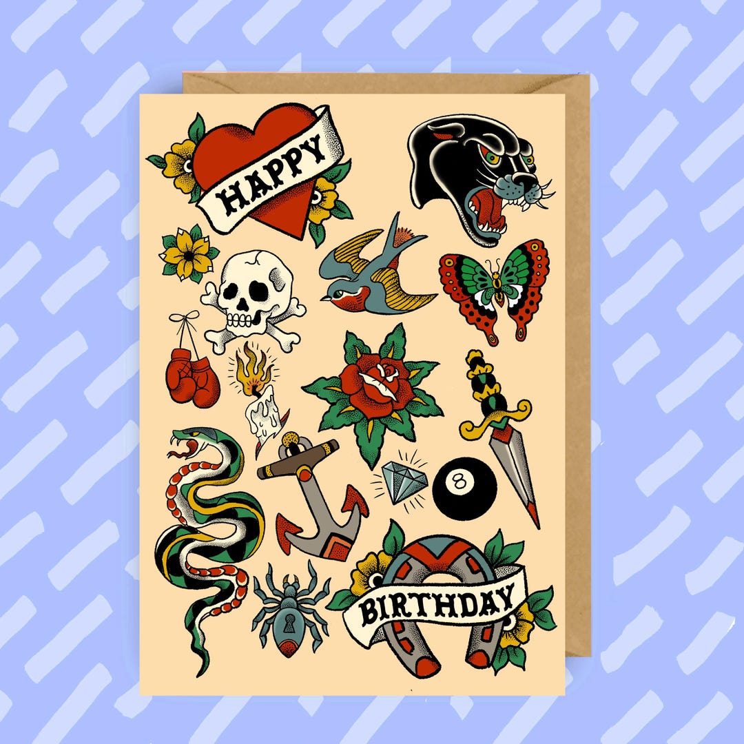 Tattoo Birthday Card | Alternative | Flash Sheet | Goth | Traditional ...