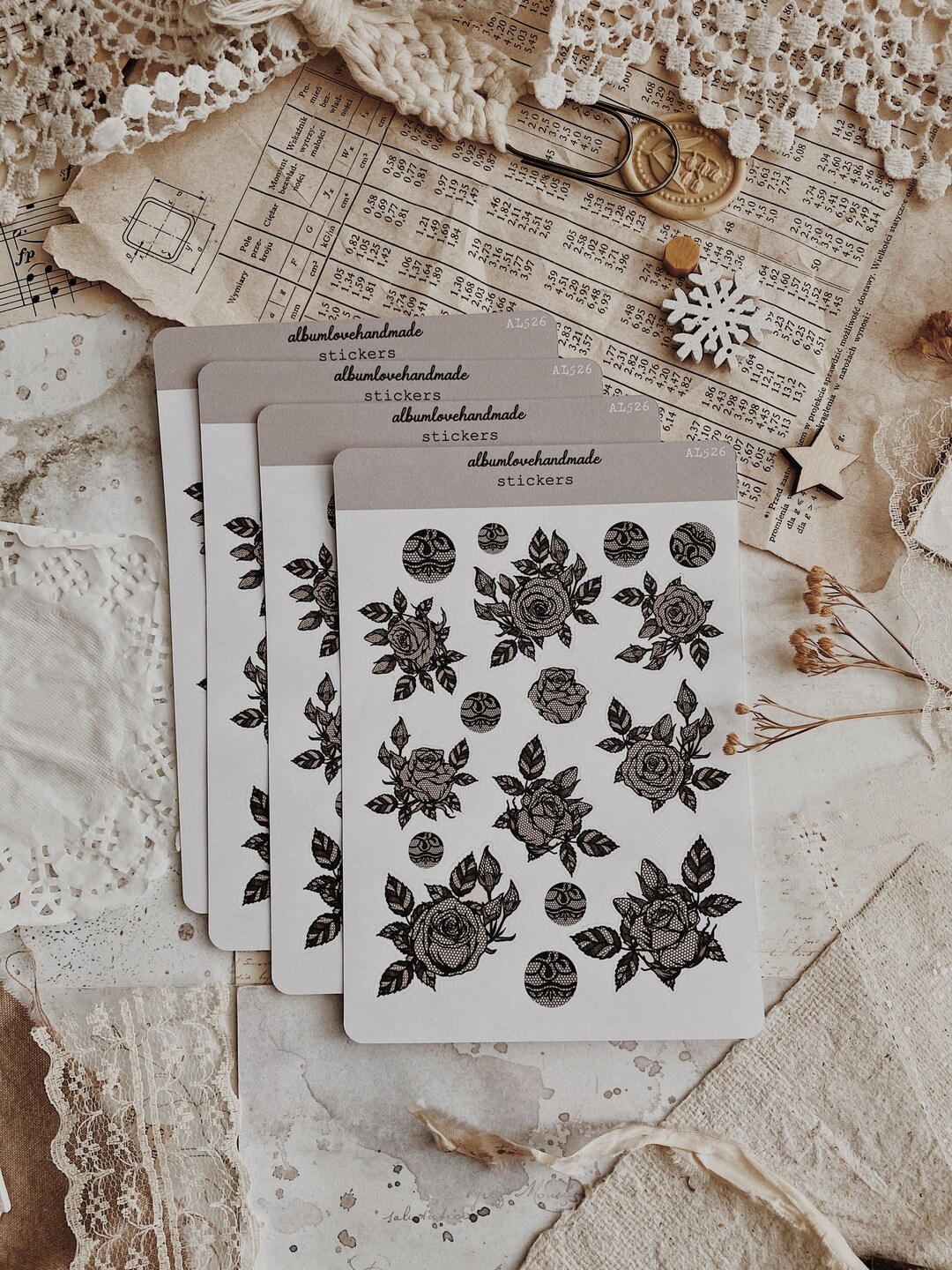 Sticker Sheet | Lacey Roses Theme | Journaling Stickers | Clear and ...