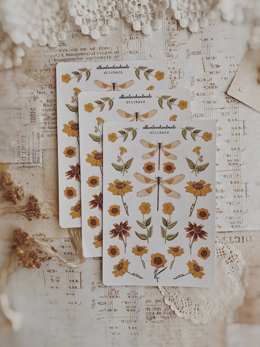 Stickers Floral Stickers Yellow Flowers Dragonflies - Etsy
