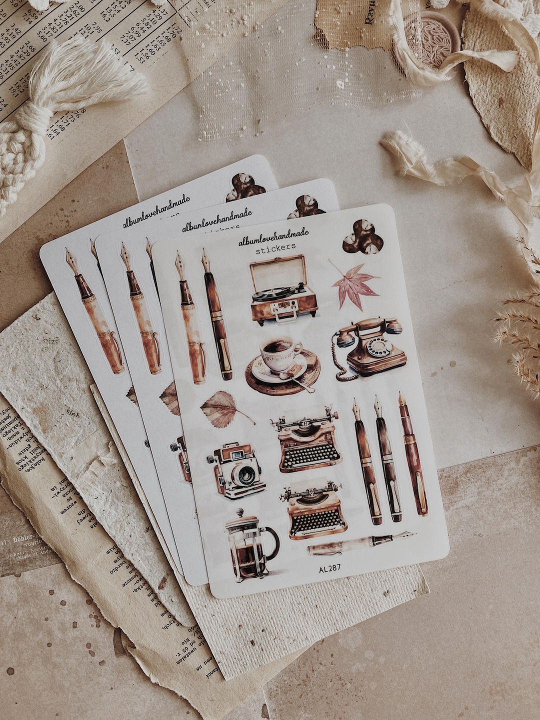 Vintage Theme Stickers: Fountain Pens, Typewriter, Autumn Scrapbooking ...