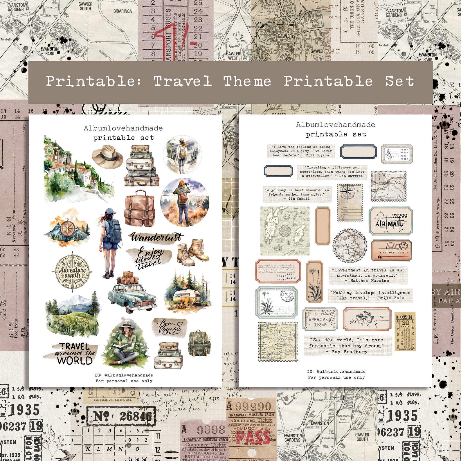 Printable | A4, 8.5x11 | Travel Theme | Vacation | Collage Elements ...