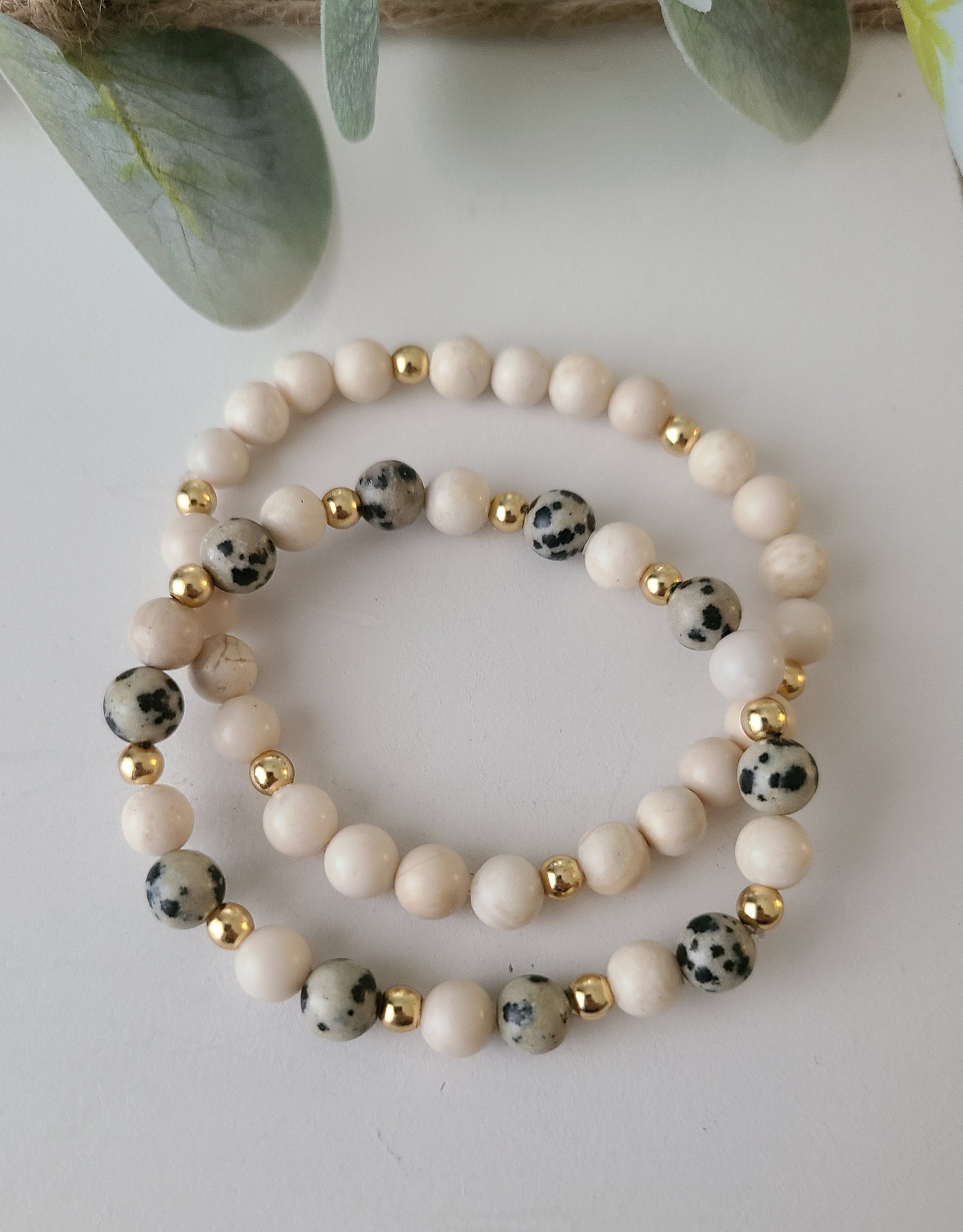 Cheetah Bead Bracelet Set, Dalmatian Jasper Stretch Bracelet, Leopard ...