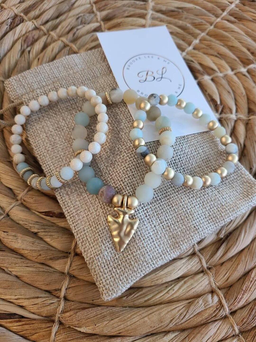 Amazonite and Gold Arrowhead Bracelet Set, Gemstone Stretch Bracelets ...