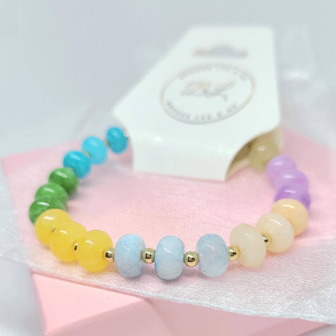Candy Bead Bracelet, Colorful Gemstone Stretch Bracelet, 8x5 Rainbow ...