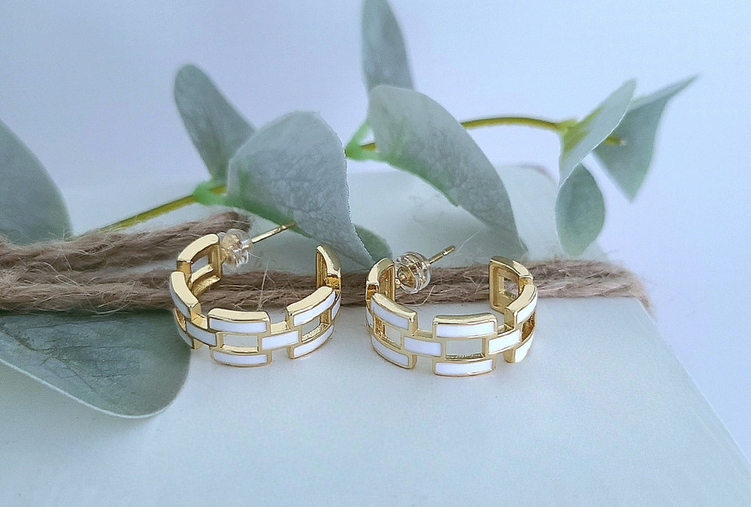 Chain Link Hoop Earrings, Gold White Enamel Hoops, Open Chunky Hoop ...