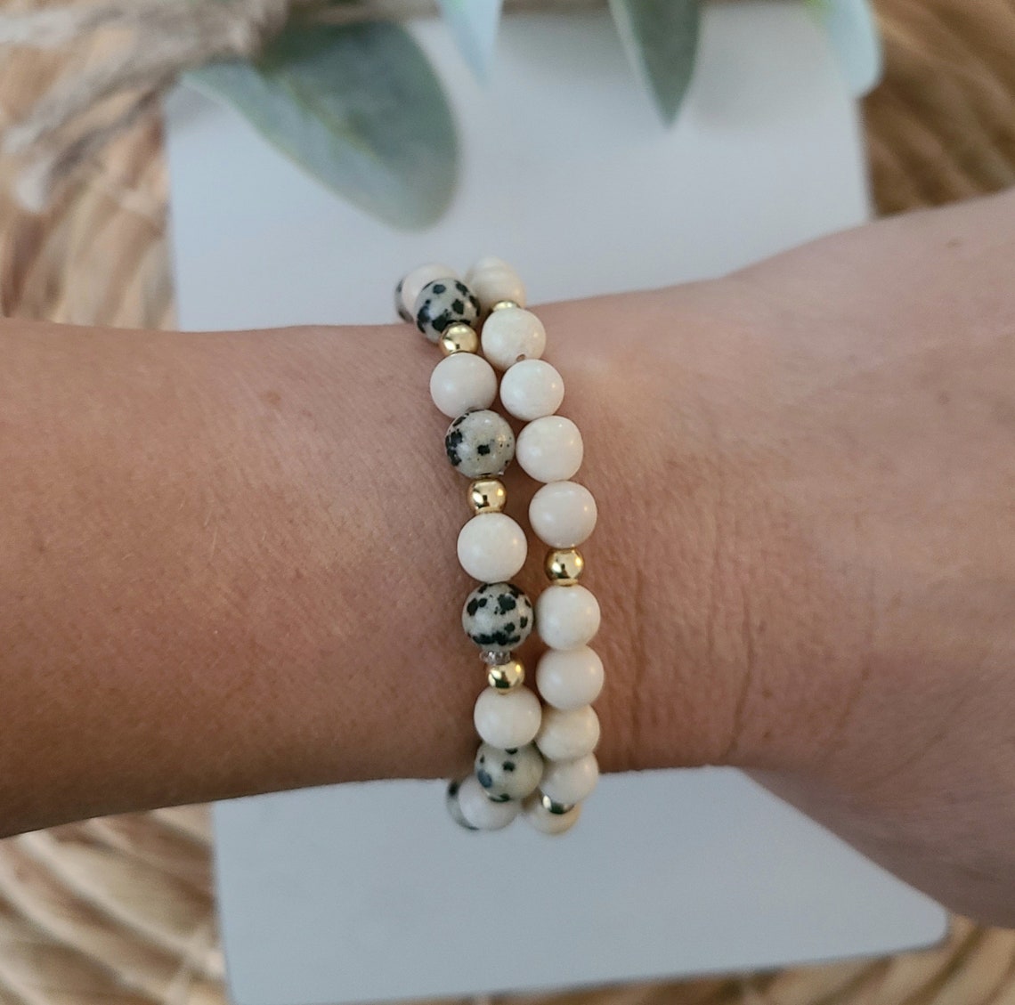 Cheetah Bead Bracelet Set, Dalmatian Jasper Stretch Bracelet, Leopard ...