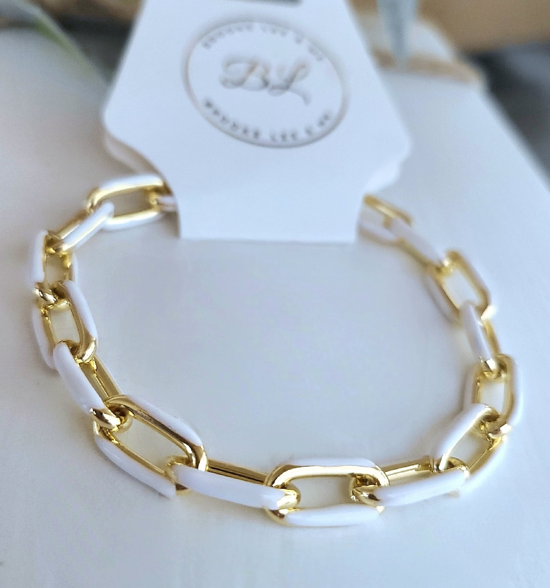 White Enamel Chain Link Bracelet, Gold White Chunky Oval Link Bracelet ...