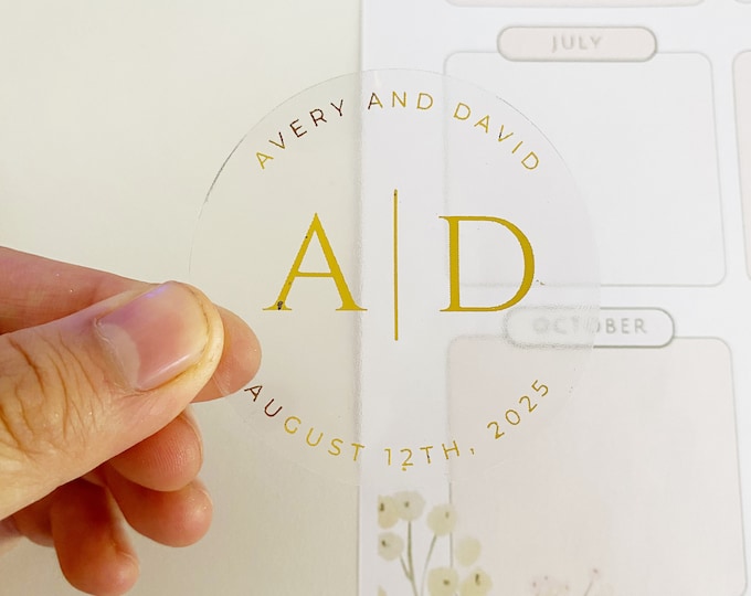 New GOLD FOIL CUSTOM Stickers Wedding Initials Clear Stickers Wedding ...