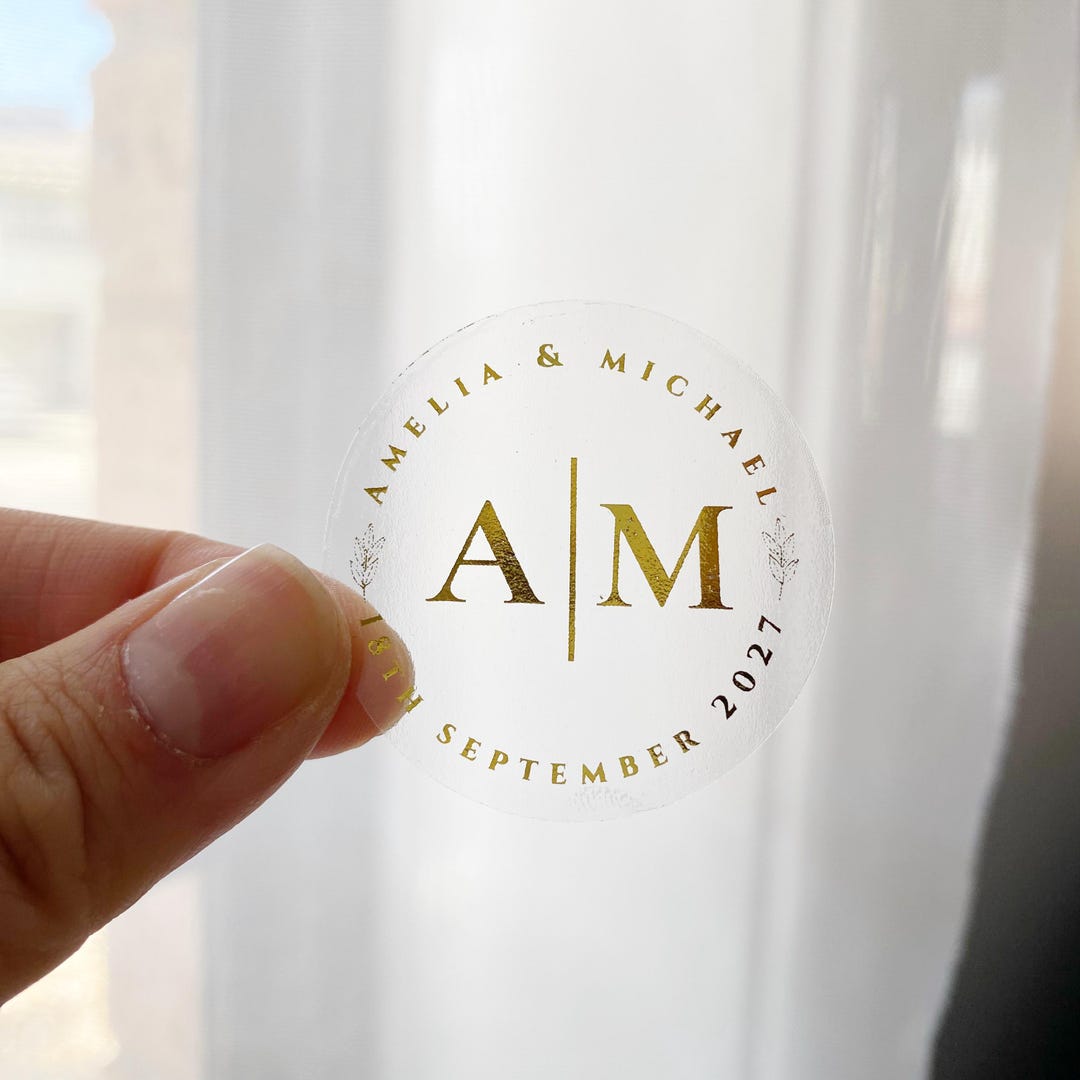 Gold Foil Wedding Custom Names Initial Stickers: Clear Personalized ...