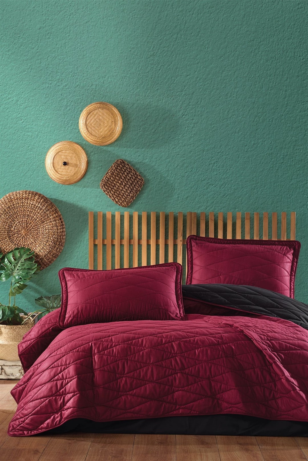 Turkish Cotton Claret Red Bedspread Quilt Set: Reversible Bed Cover - Etsy