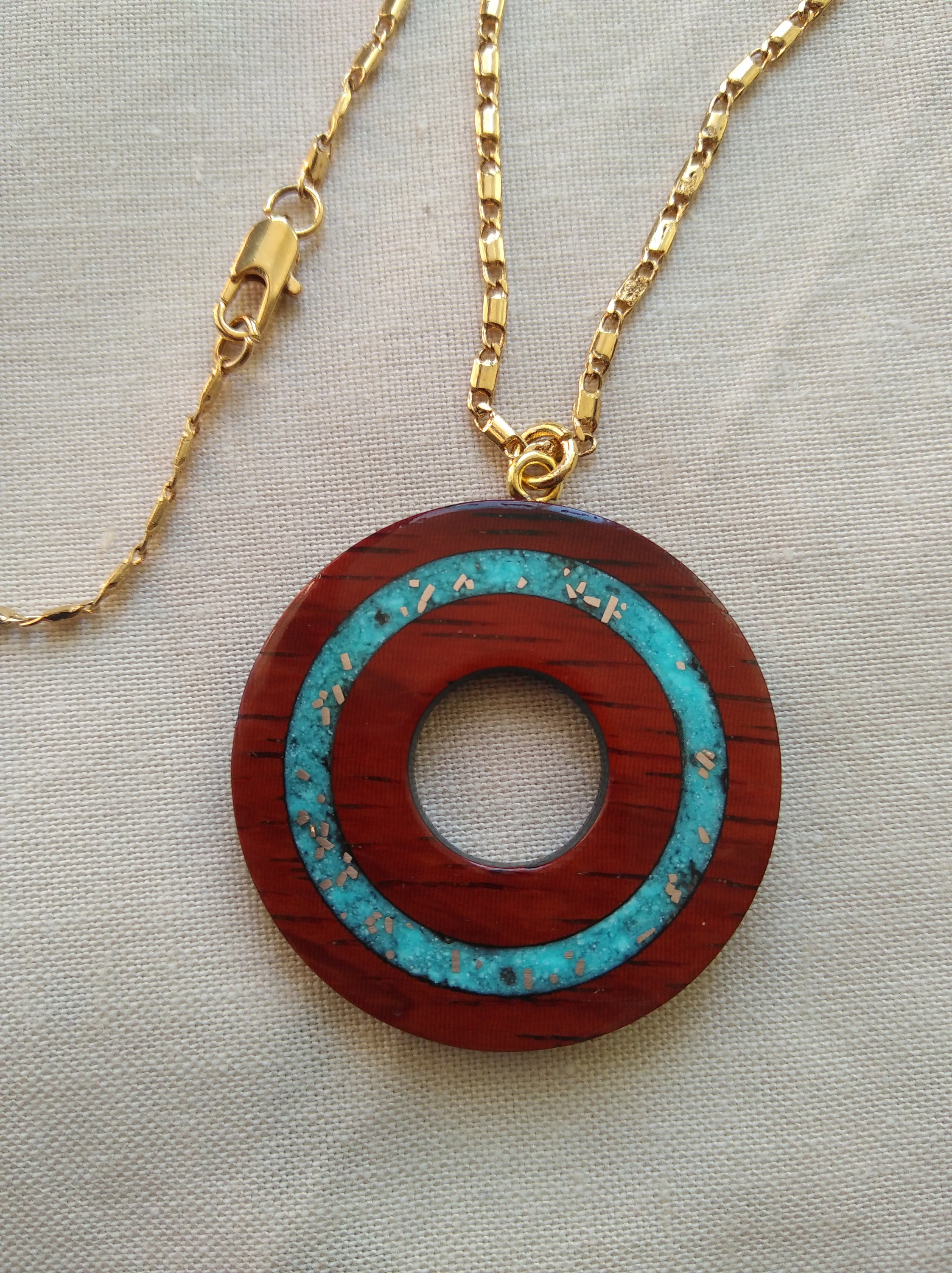 Wooden Pendant With Turquoise Inlay and 18 Carat Gold Chips. Turquoise ...