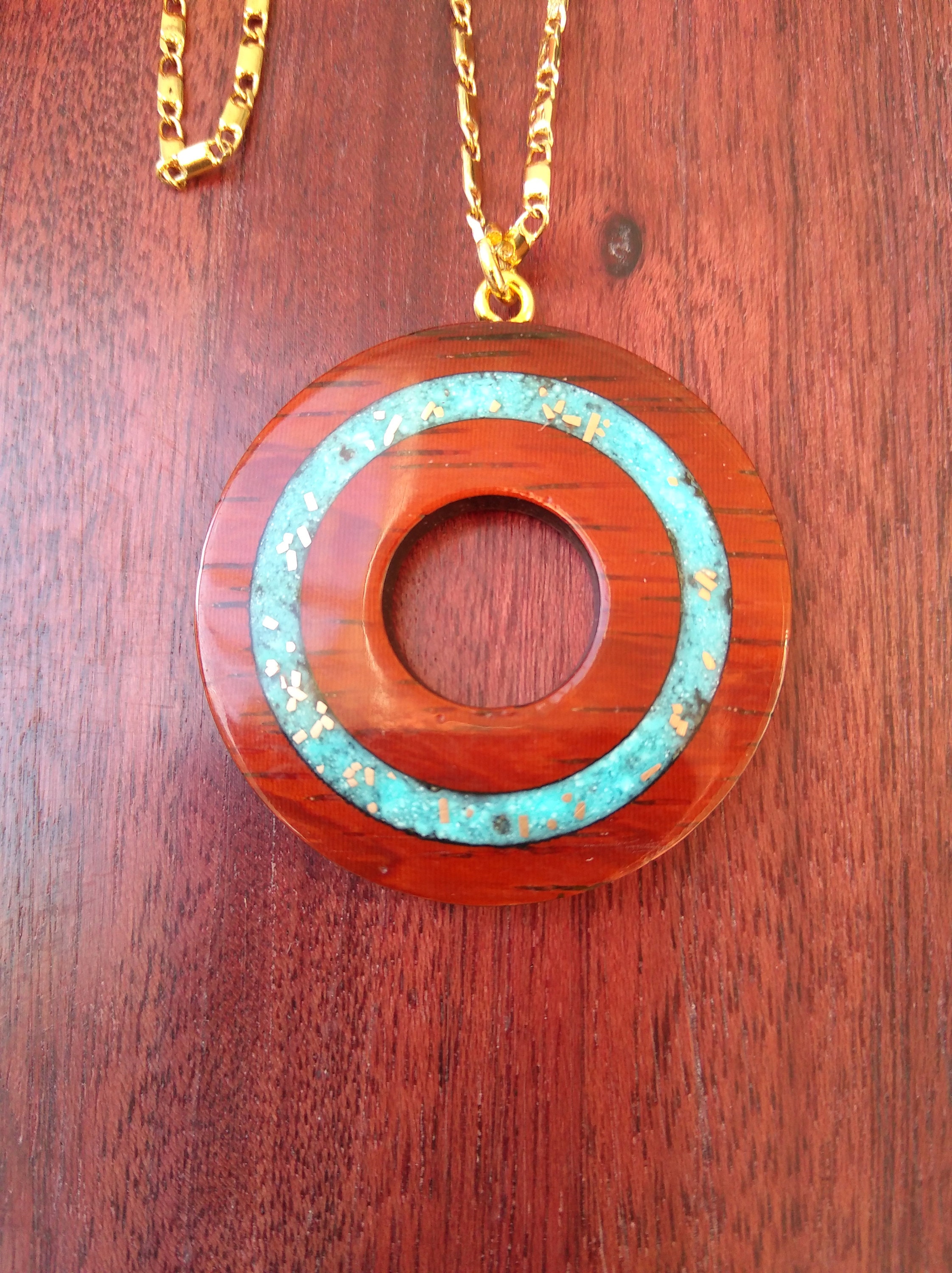 Wooden Pendant With Turquoise Inlay and 18 Carat Gold Chips. Turquoise ...