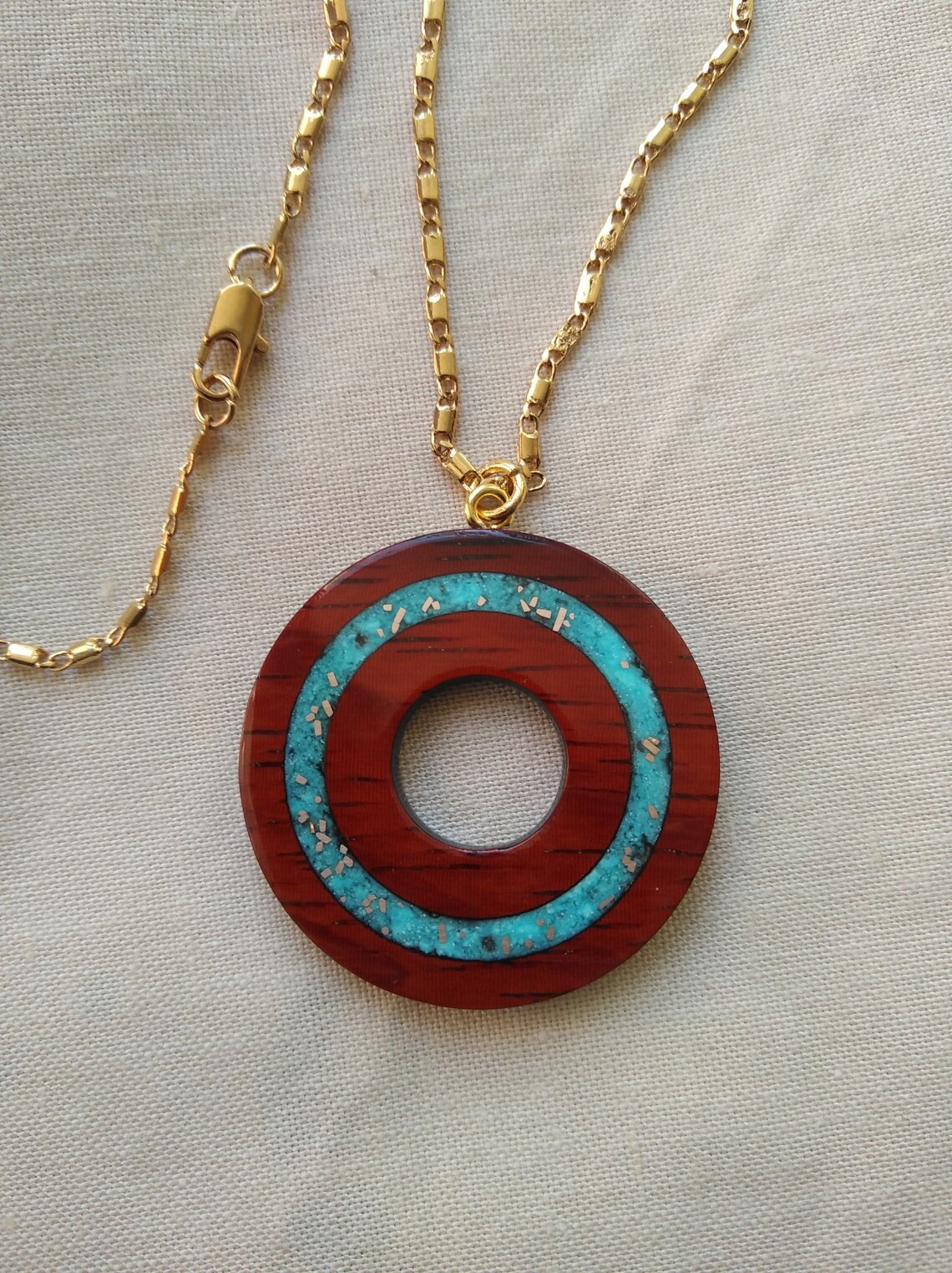 Wooden Pendant With Turquoise Inlay and 18 Carat Gold Chips. Turquoise ...