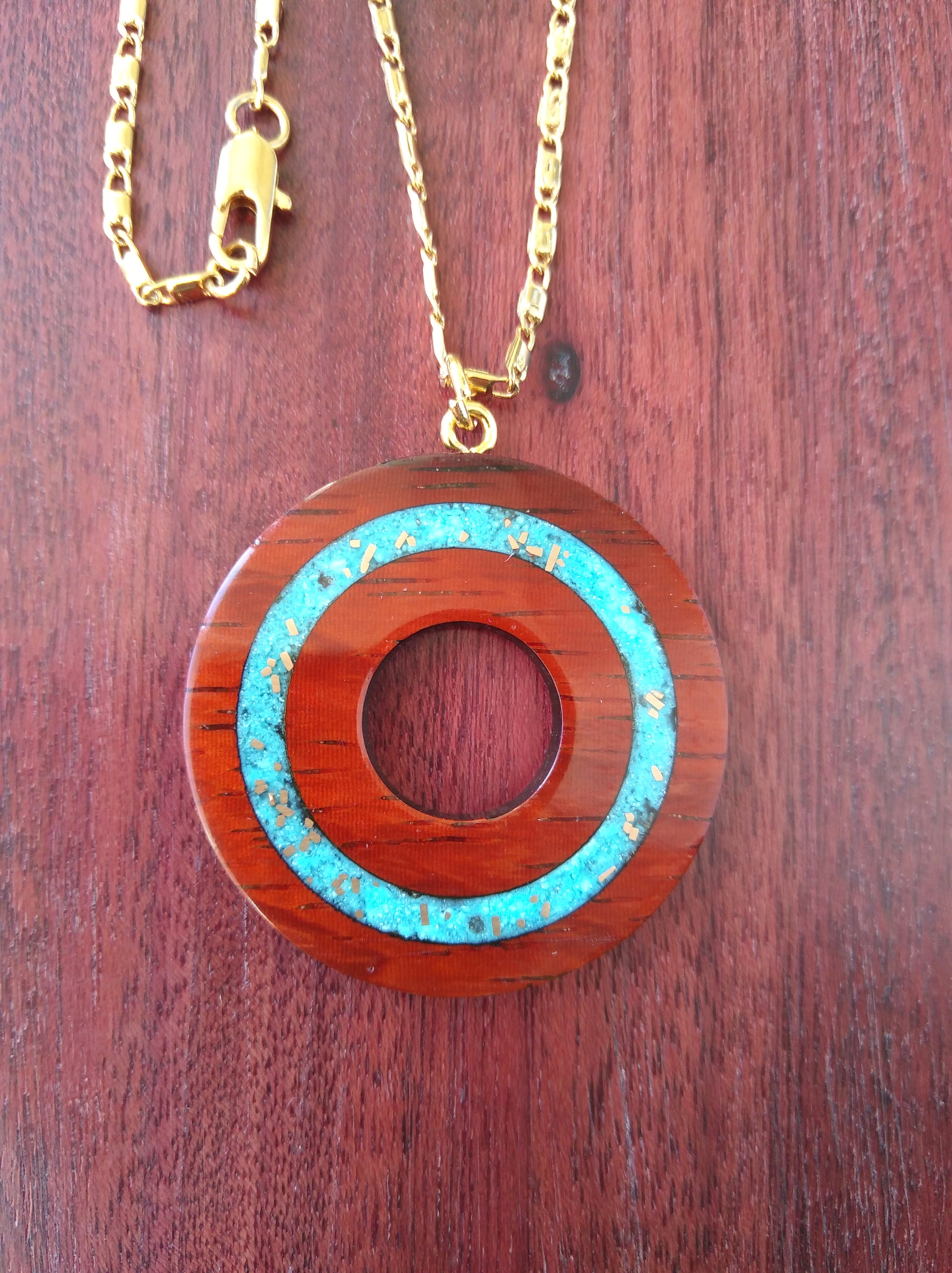 Wooden Pendant With Turquoise Inlay and 18 Carat Gold Chips. Turquoise ...