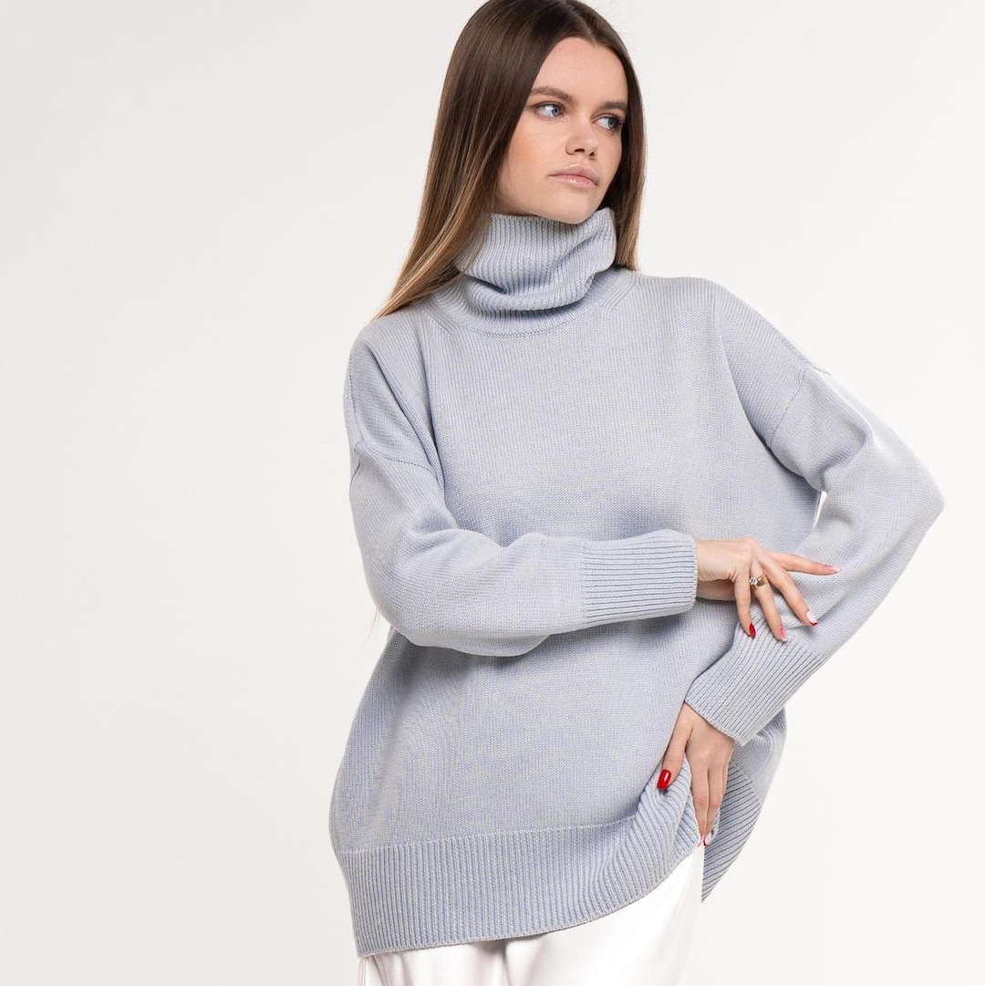 Sky Blue Merino Wool High Neck Sweater - Oversized Knit Jumper - Etsy