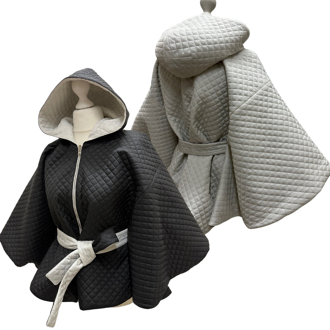 White Black Puffy Quilted Double-sided Belted Short Coat Cape - Etsy