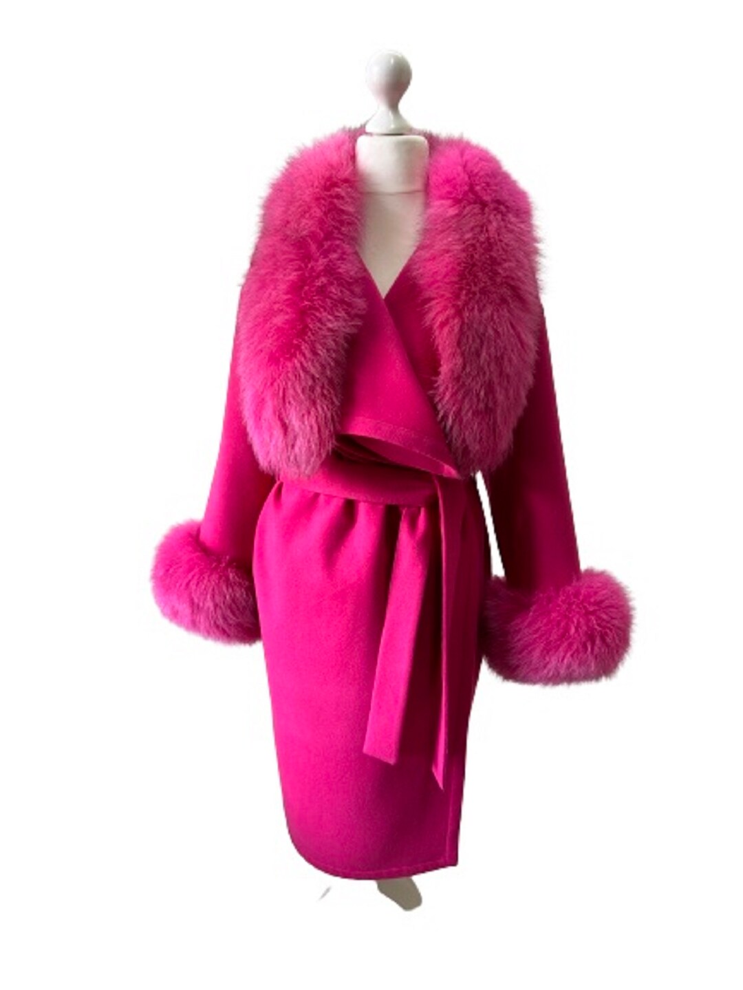 Hot Pink Wrap Elegant Women Coat, Long Belted Feminine Overcoat Trim ...
