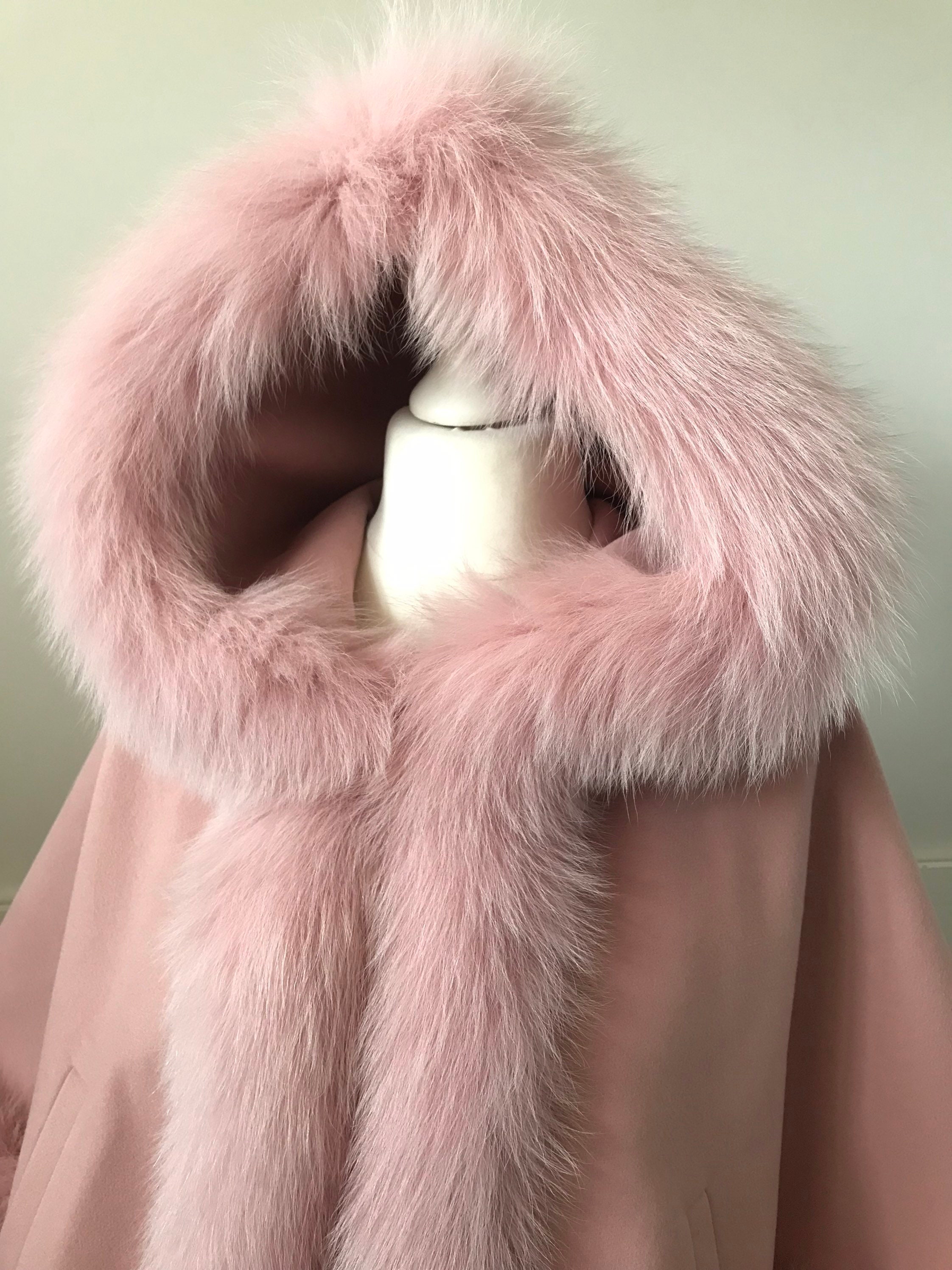 Women Pink Cape Short With Hood Cashmere and Trim Arctic Fox - Etsy