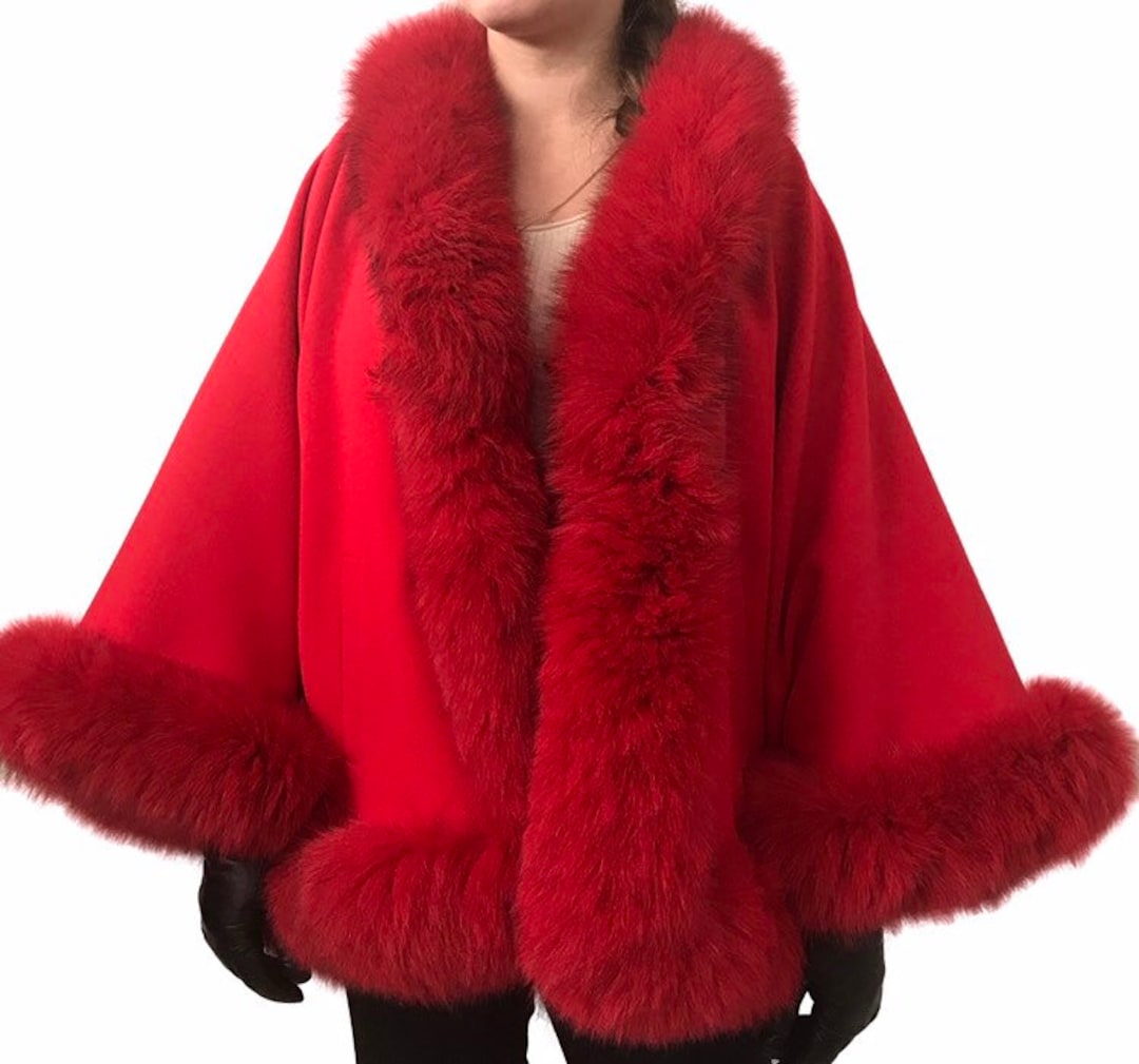 Women Red Cape Cashmere and Trim Arctic Fox Fur - Etsy