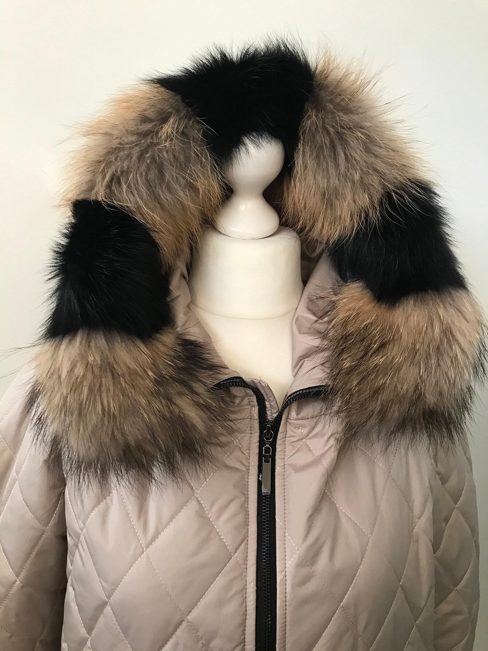 Women Beige Jacket сoat Hood Trim Fox Fur and Raccoon | Etsy