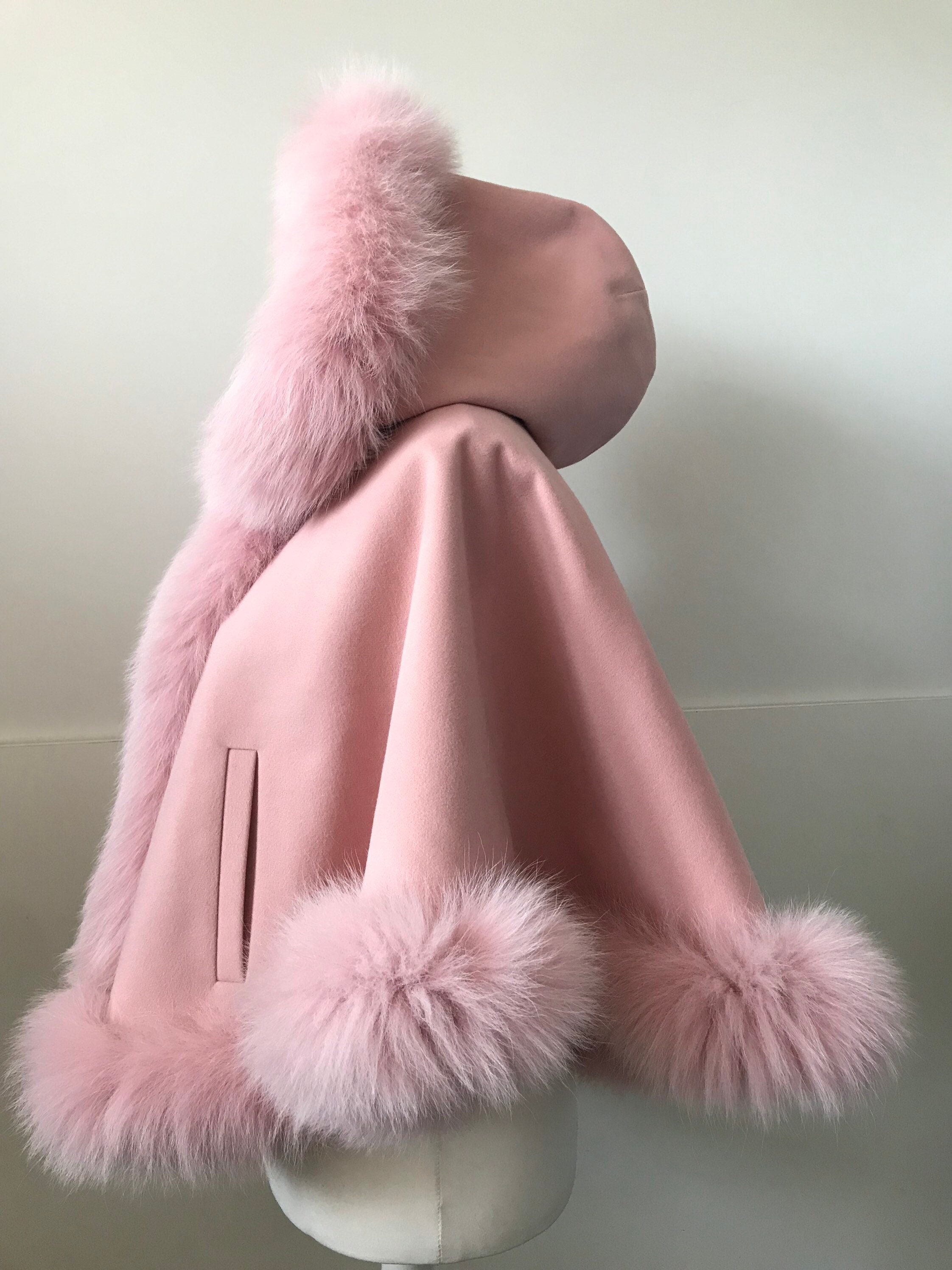Women Pink Cape Short With Hood Cashmere and Trim Arctic Fox - Etsy