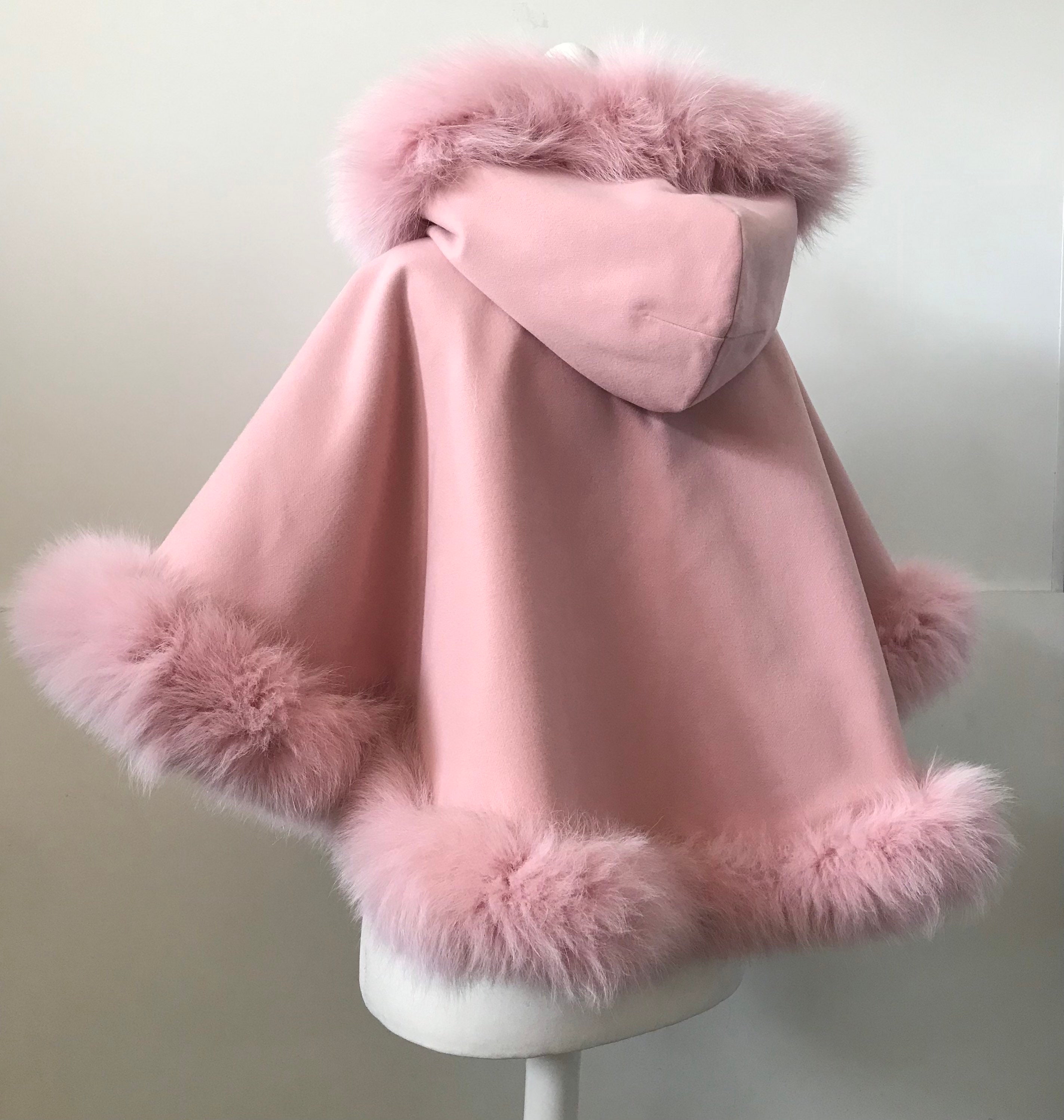 Women Pink Cape Short With Hood Cashmere and Trim Arctic Fox - Etsy