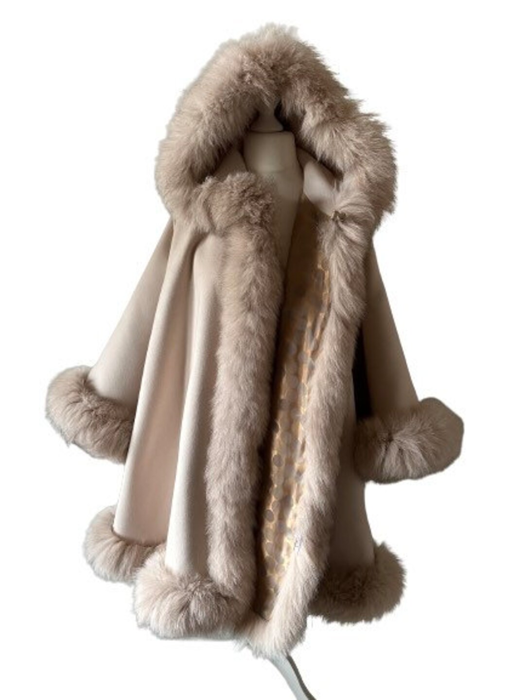 Women Beige Cape Long With Hood Woolen Blend and Trim Arctic Fox Fur - Etsy