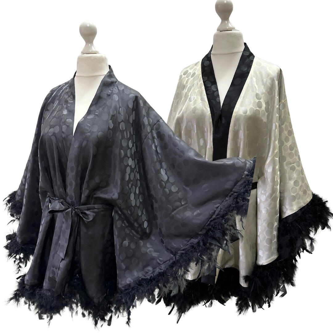 Cream Ivory Black Double-sided Cape Robe With Chicken Feather Trim - Etsy