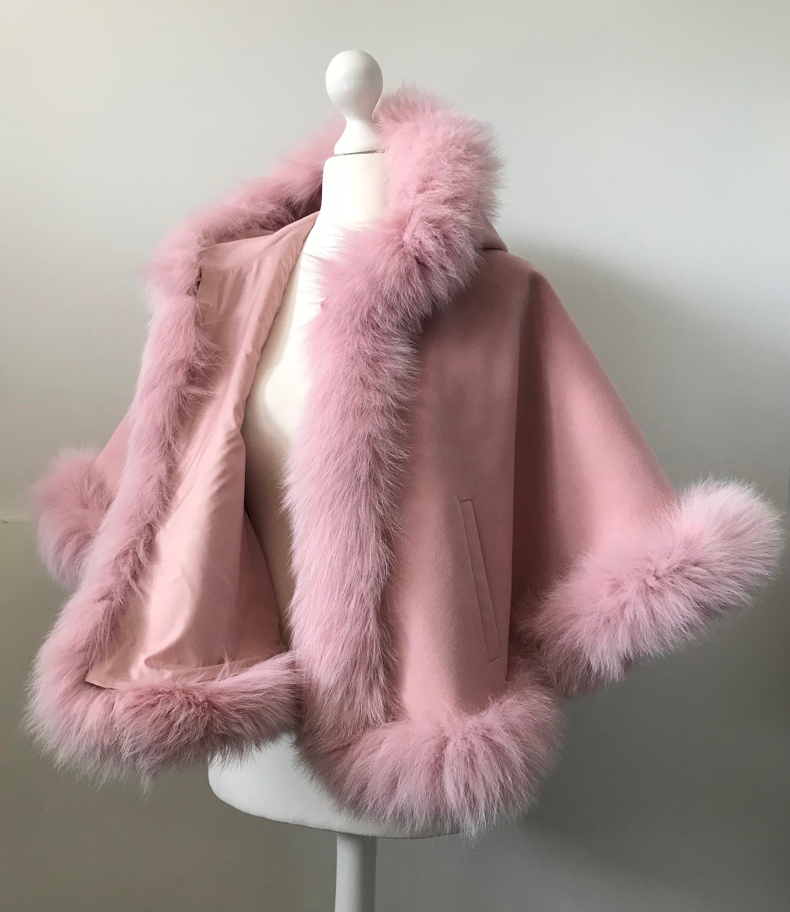 Women Pink Cape Short With Hood Cashmere and Trim Arctic Fox - Etsy