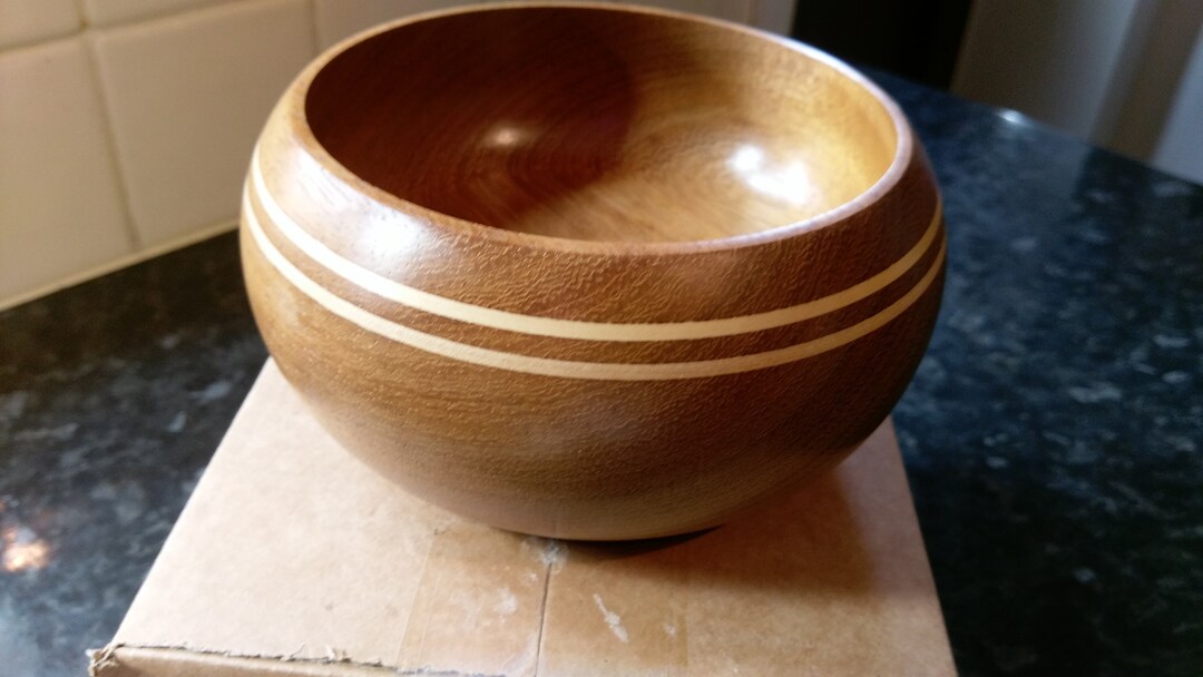 Hand Turned Sapele Wooden Bowl Produced With 2 White Boxwood Inlays. No ...