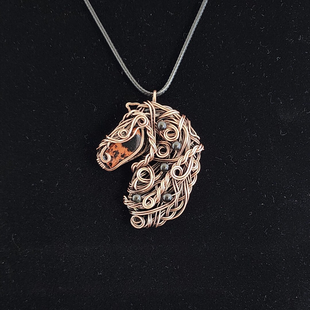 Mahogany Obsidian Horse Statement Pendant / Wire Wrap Antiqued Copper ...