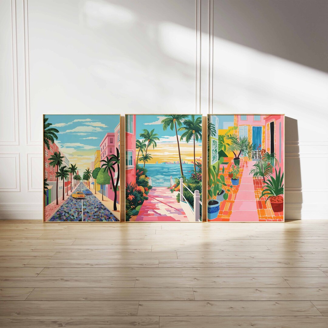Set of 3 Miami Poster Set, Vintage Miami Floral Prints, Florida Art ...